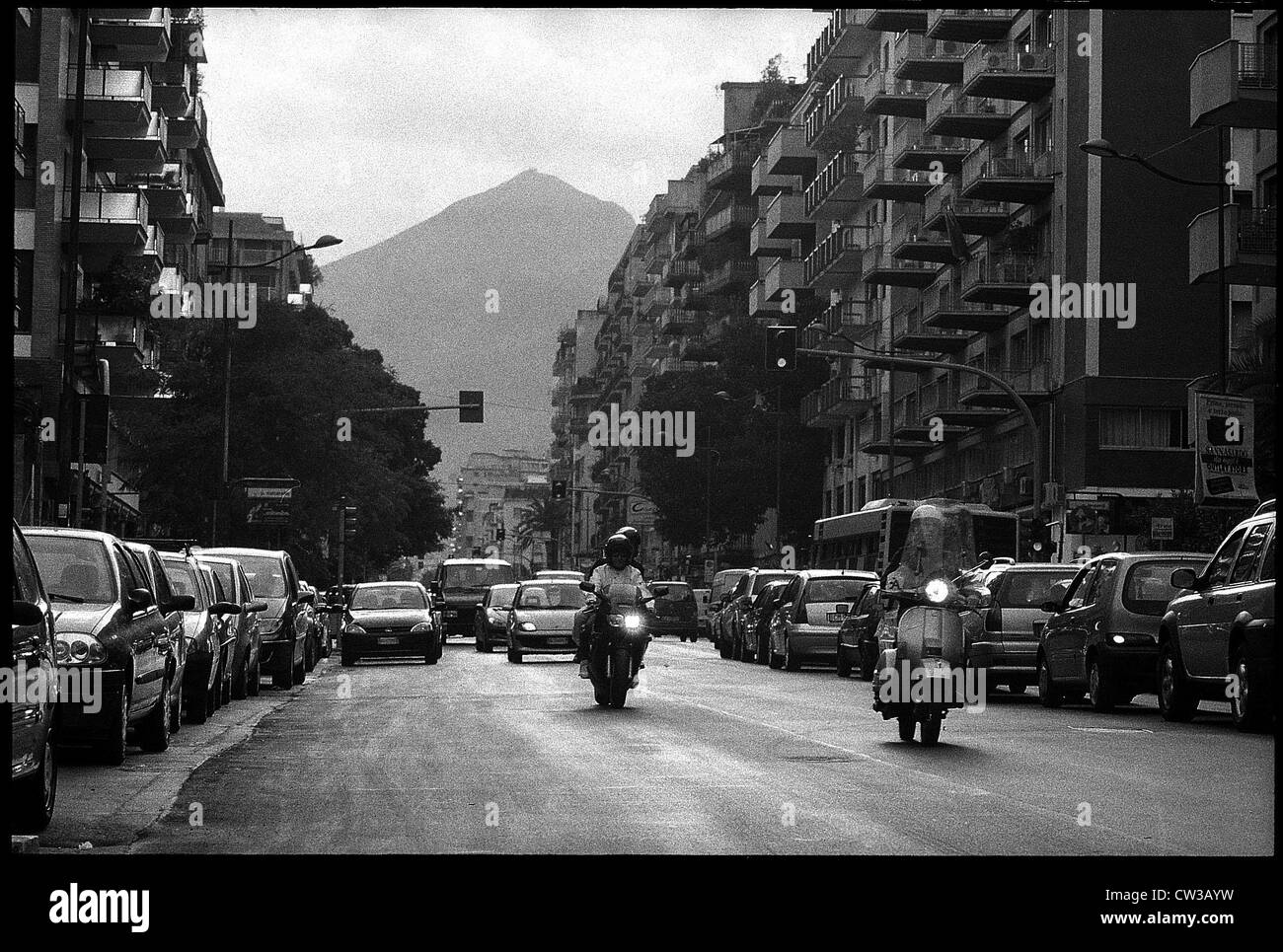 Car on residential road Black and White Stock Photos & Images - Alamy