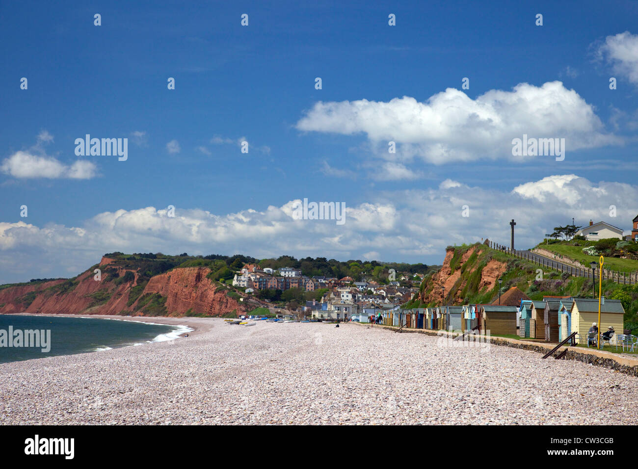 Beach and seafront of Budleigh Salterton in spring sunshine, Devon ...