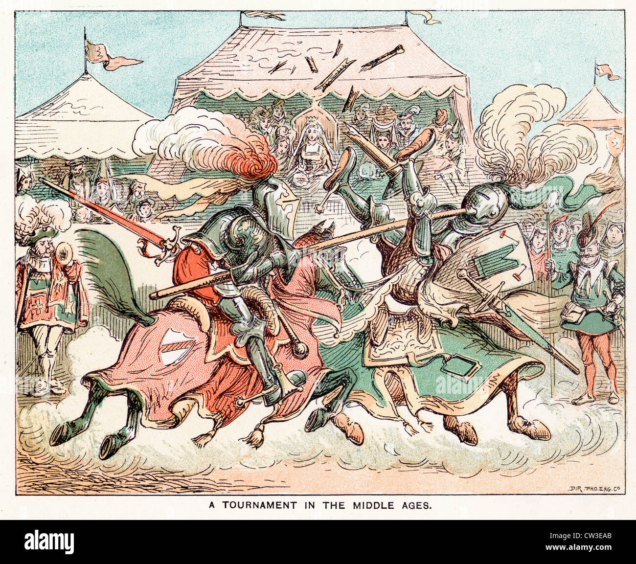 Comic Sketch by T S Seccombe showing knights jousting at a tournament ...