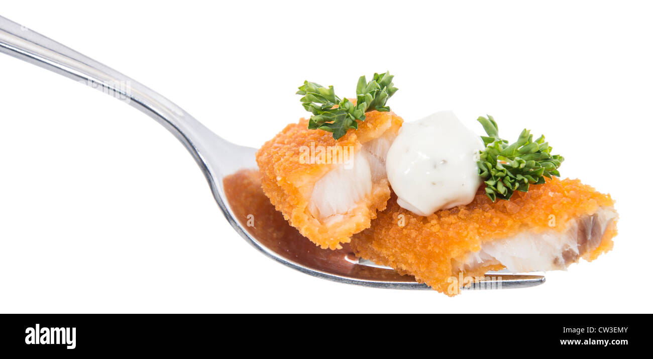 Fried Fish on a fork isolated on white background Stock Photo - Alamy