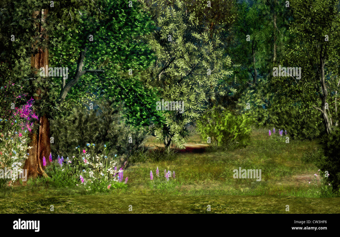 a magical landscape with trees, flowers and trees Stock Photo - Alamy