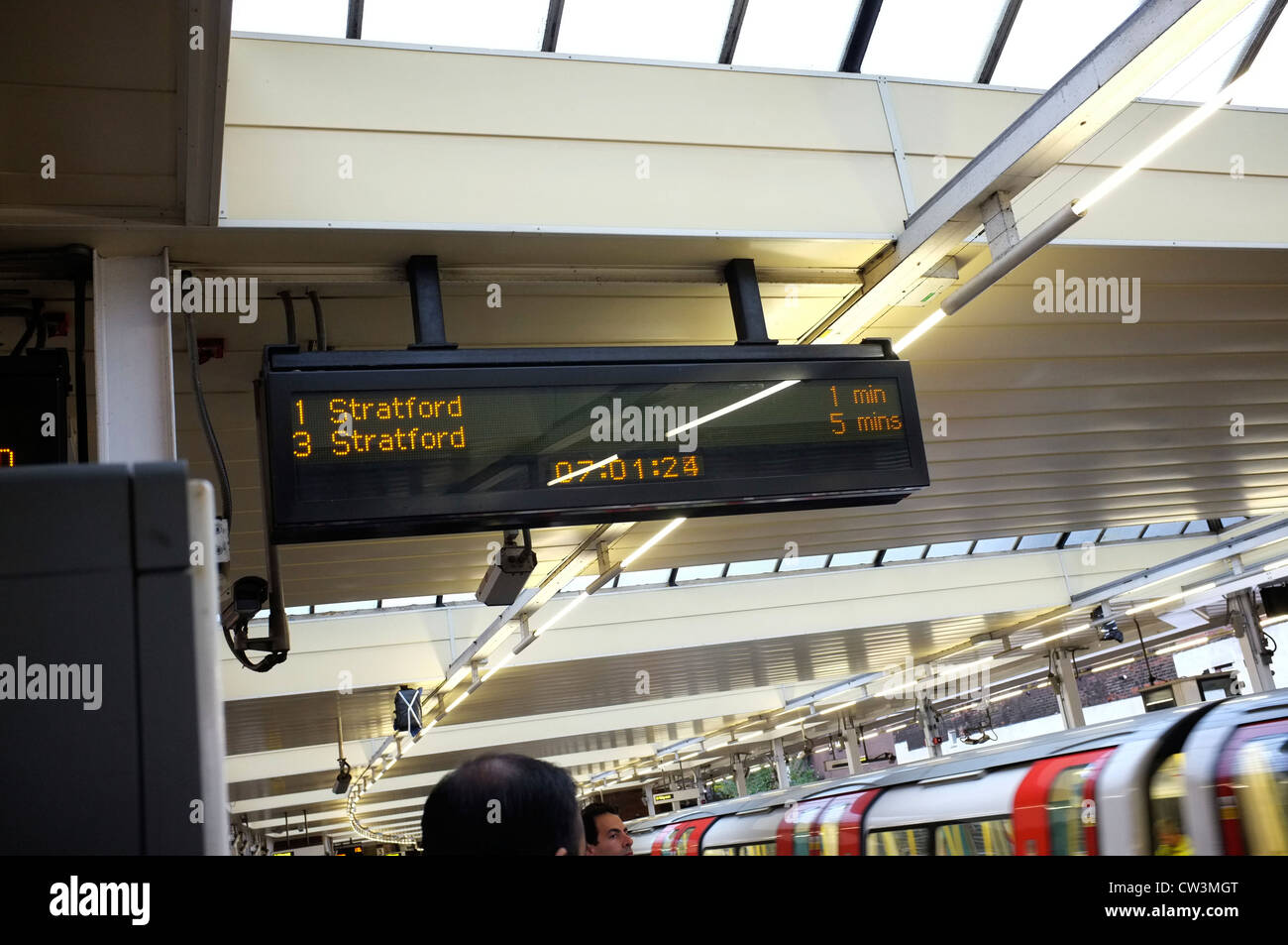 Train station sign showing Stratford train times on platform Stock ...