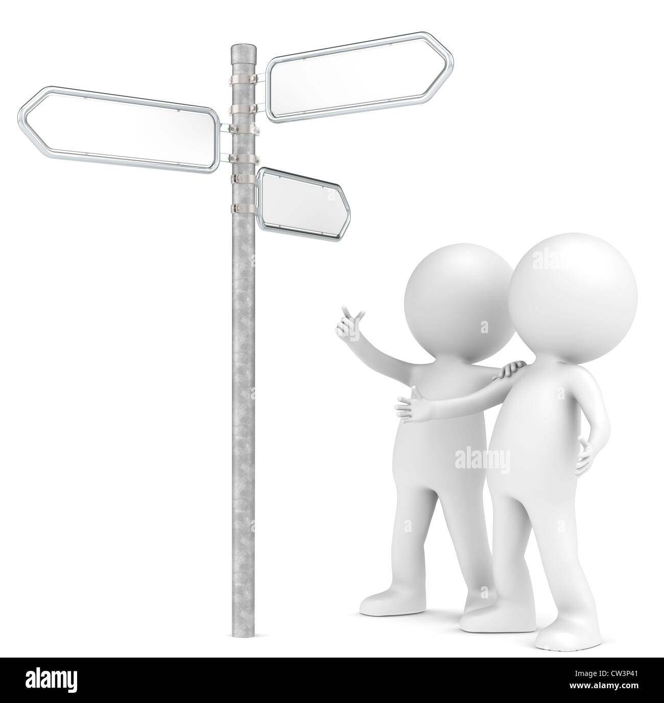 Street sign. 3D little human character X 2 at a 3-way Street Sign ...