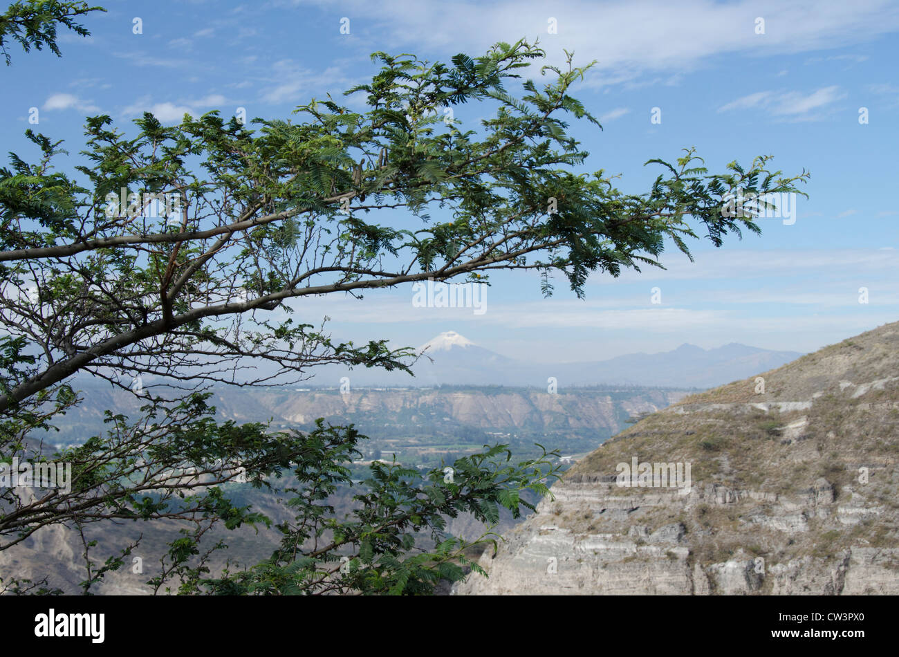 Ecuador, Quito area. Valley view of snow-capped Cotopaxi volcano ...
