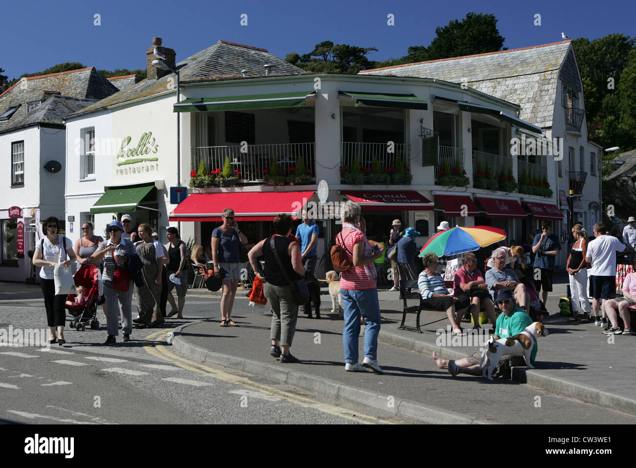 street scene of padstow, cornwall, uk showing chough bakery and pucelli ...
