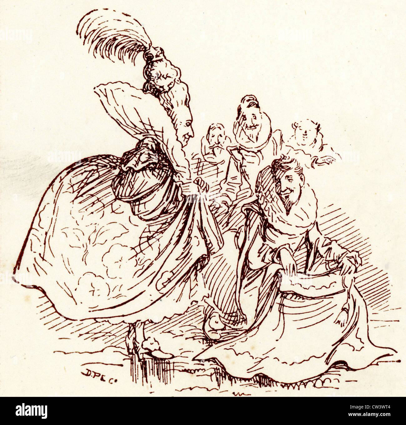 Comic Sketch by T S Seccombe showing Sir Walter Raleigh placing his ...