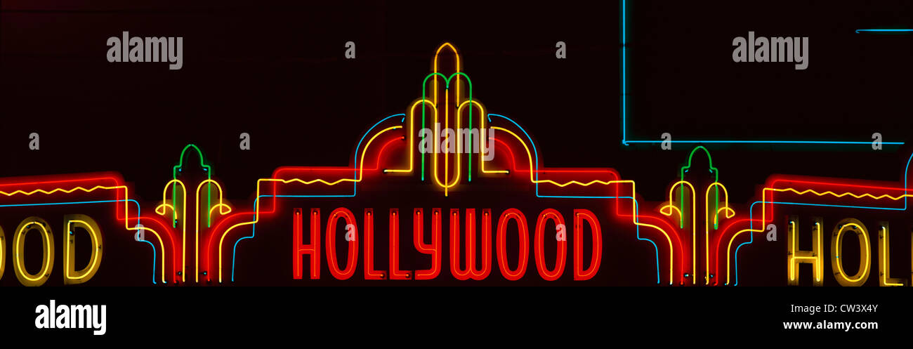 Neon Hollywood sign in panoramic format in Hollywood, Los Angeles ...
