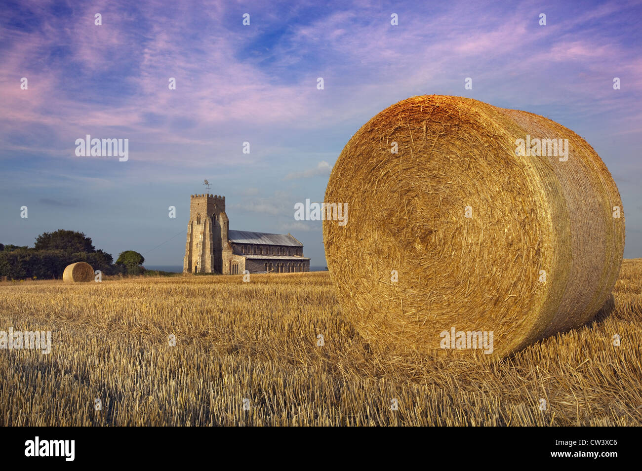 Salthouse Church Stubble and Bales after Harvest Norfolk August Stock ...