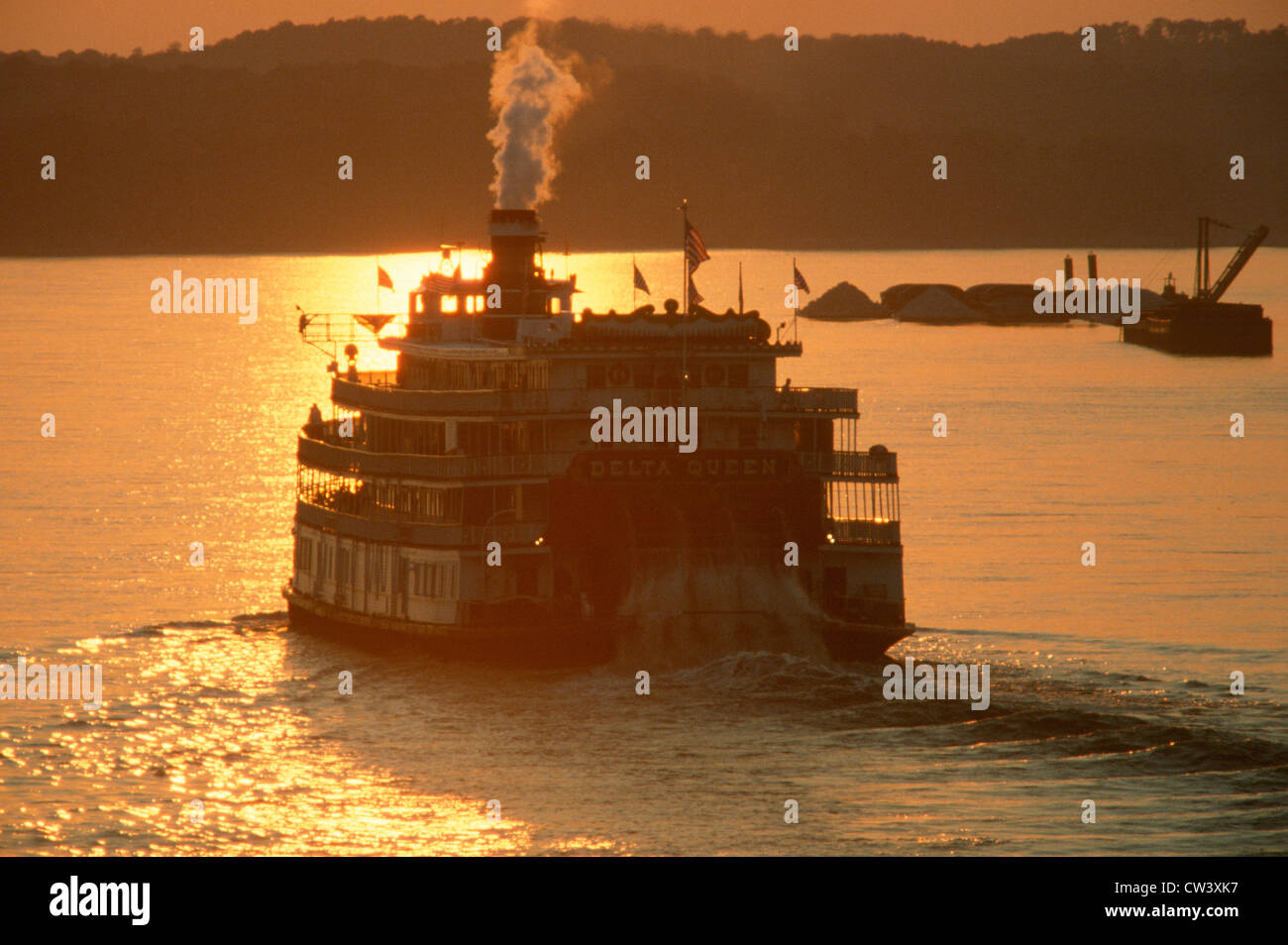 Rear view of The Delta Miss Queen steamboat on the Mississippi River at ...