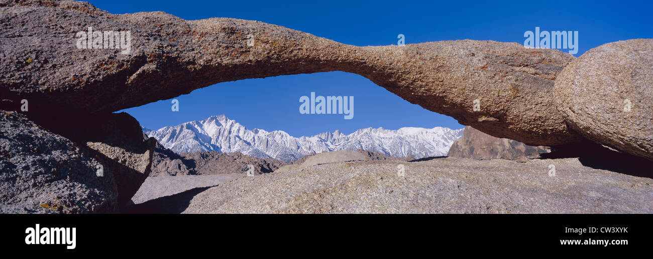 Panoramic view of Mount Whitney framed through Alabama Hills Arch in ...