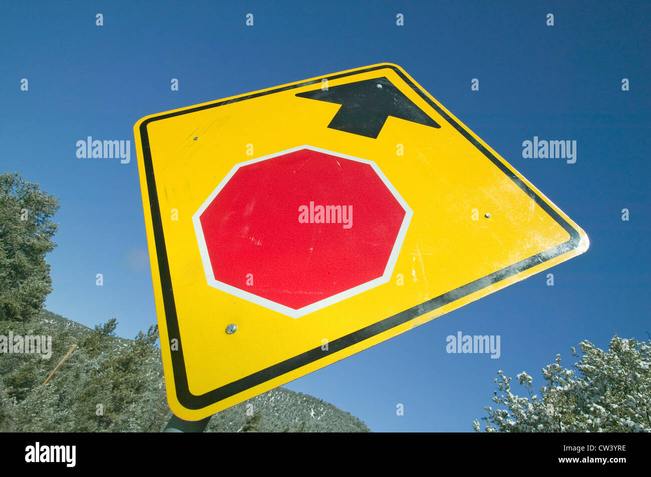 Close up of yellow sign reading stop sign ahead near Pine Mountain Club ...