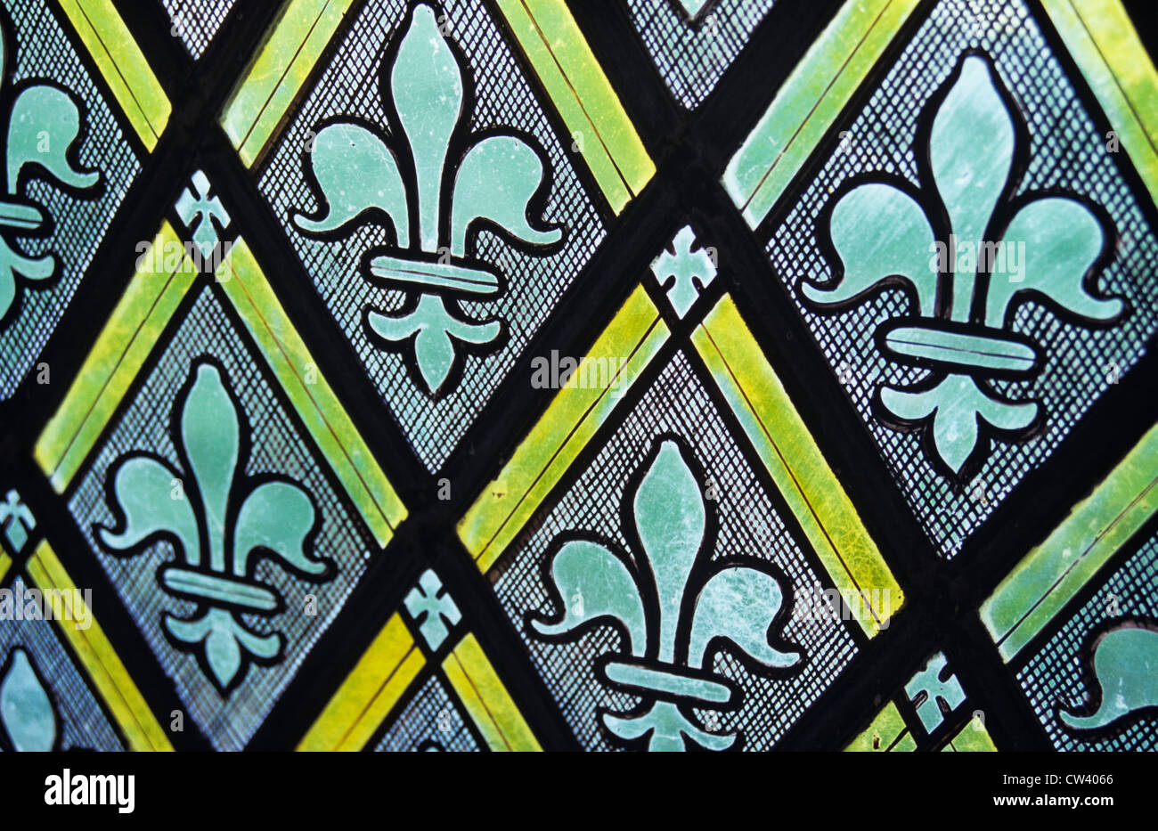 UK, England, Suffolk, Detail of diamond-leaded stained glass window ...