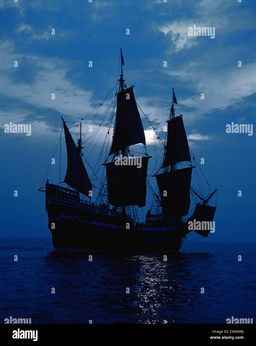 This replica ship Mayflower II. It demonstrates first sailing in 1620 ...
