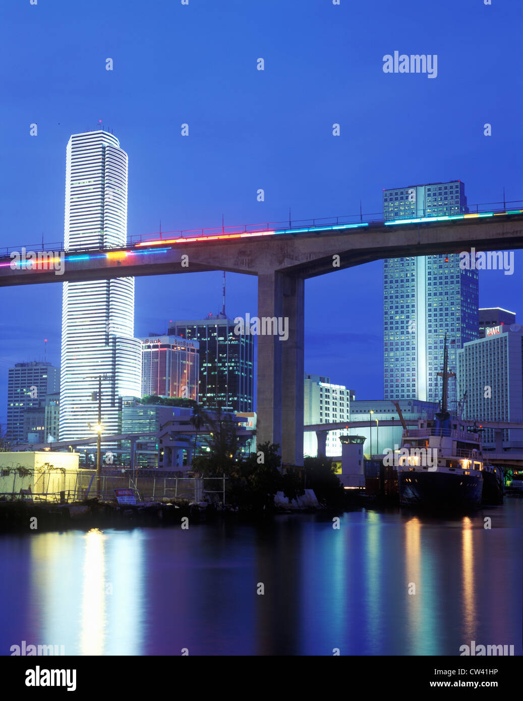 Miami skyline by night, Centrust Building and Metro Rail, Miami ...