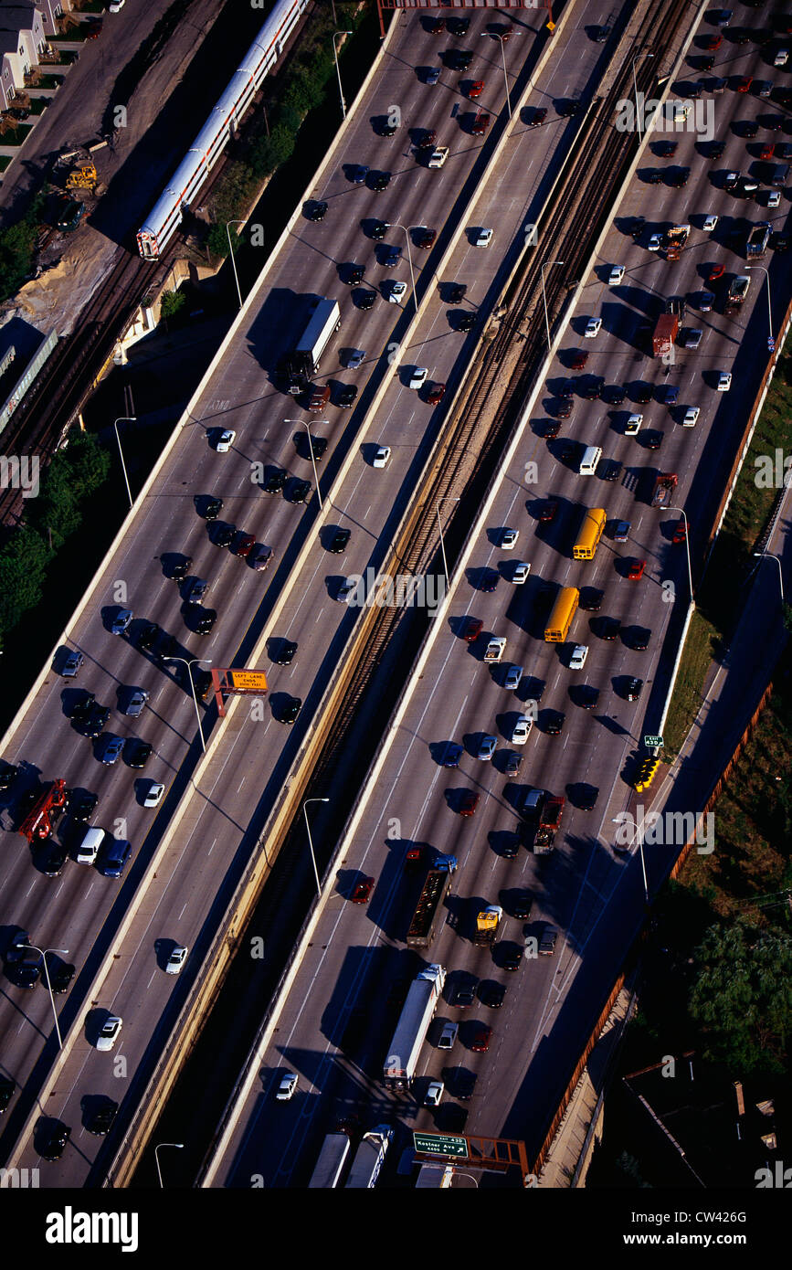 This is an aerial view of the Interstate Highway 90/94 during rush hour ...