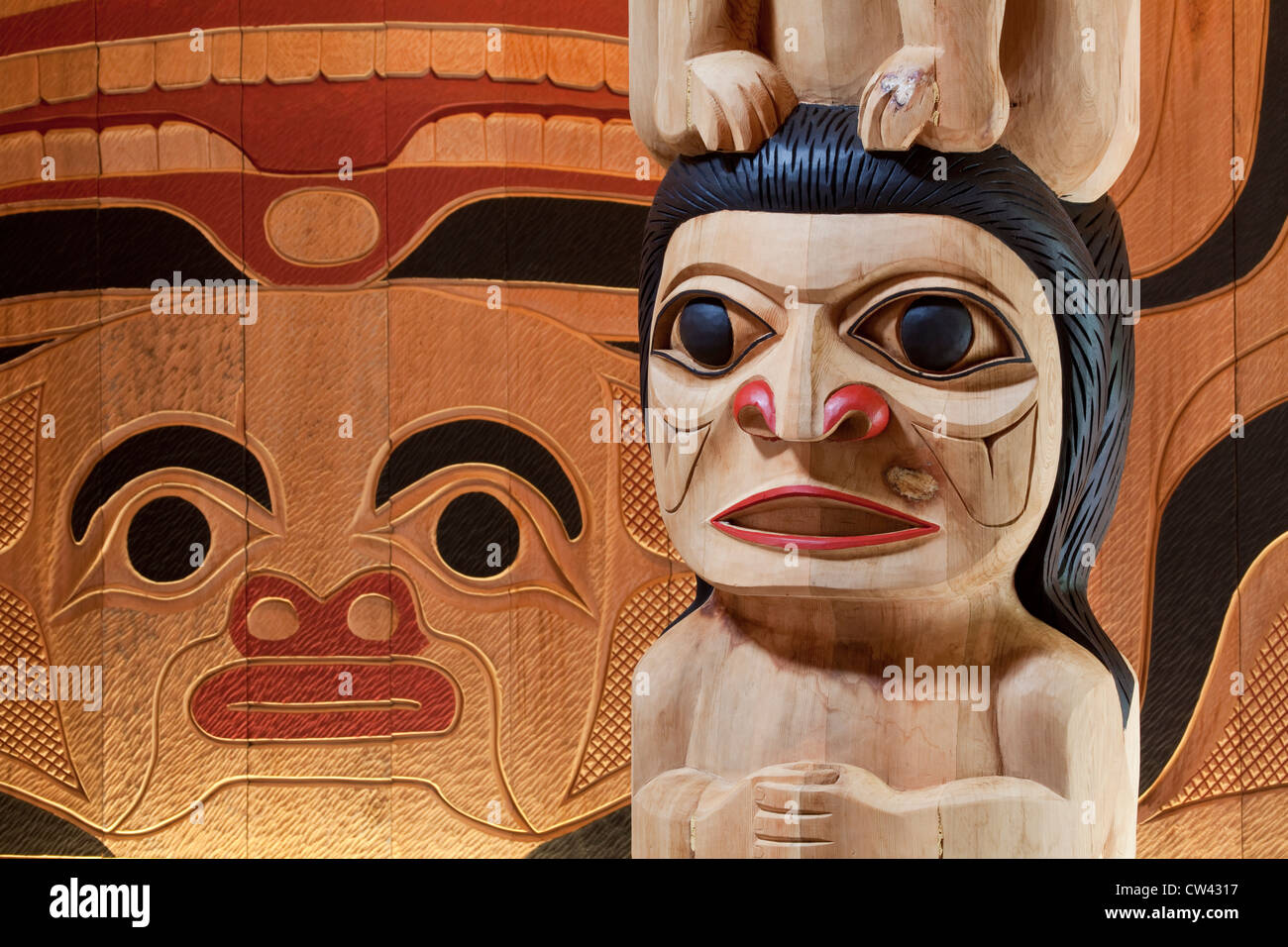 Close-up of totem poles, Potlatch Totem Park, Ketchikan, Alaska, USA ...