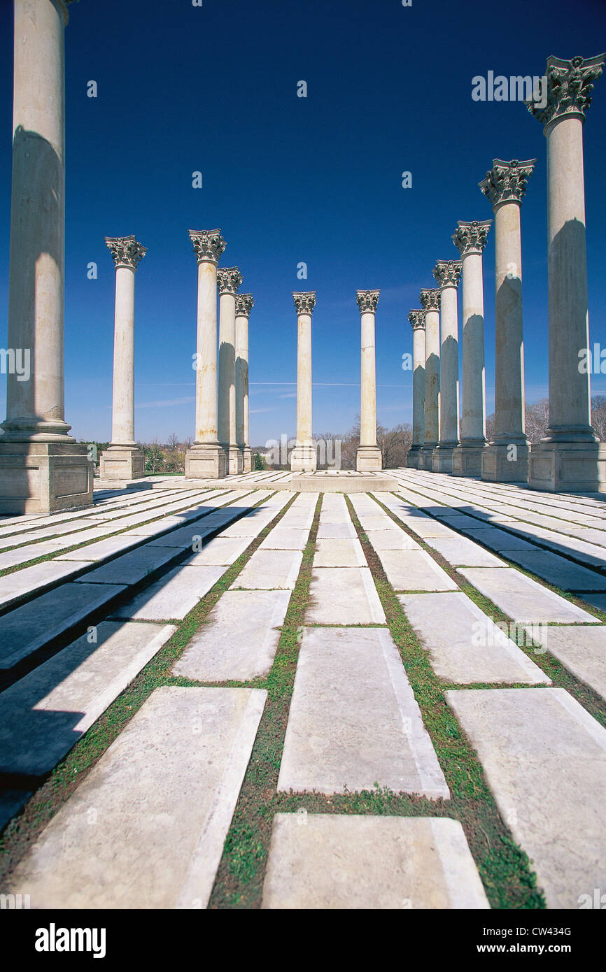 Walkway surrounded by freestanding columns at the National Arboretum ...