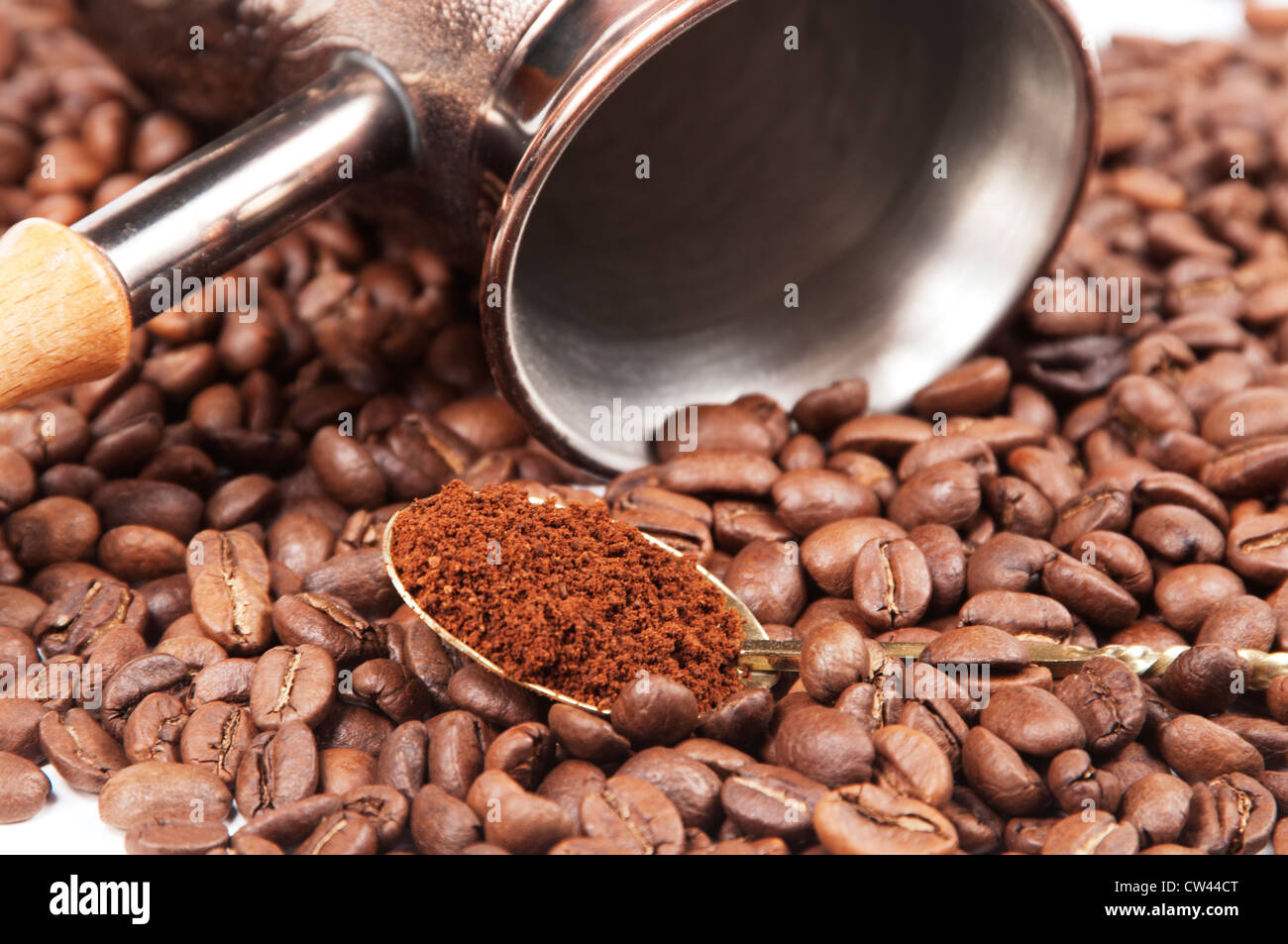 Coffee still life with coffee pot and coffee beans Stock Photo - Alamy