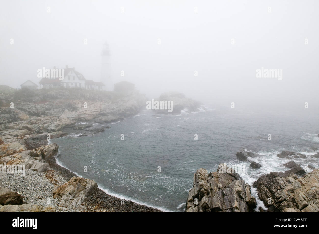 Fog shrouds the Portland Head Lighthouse in Cape Elizabeth, Maine Stock ...