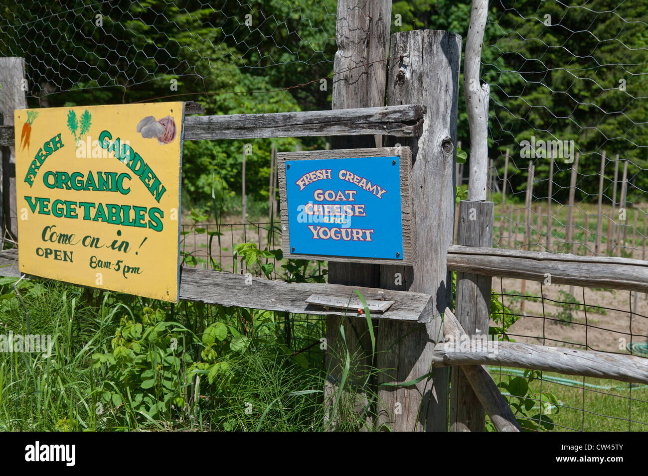 USA, Washington State, Stehekin, Organic Garden Signs on Fence Stock ...
