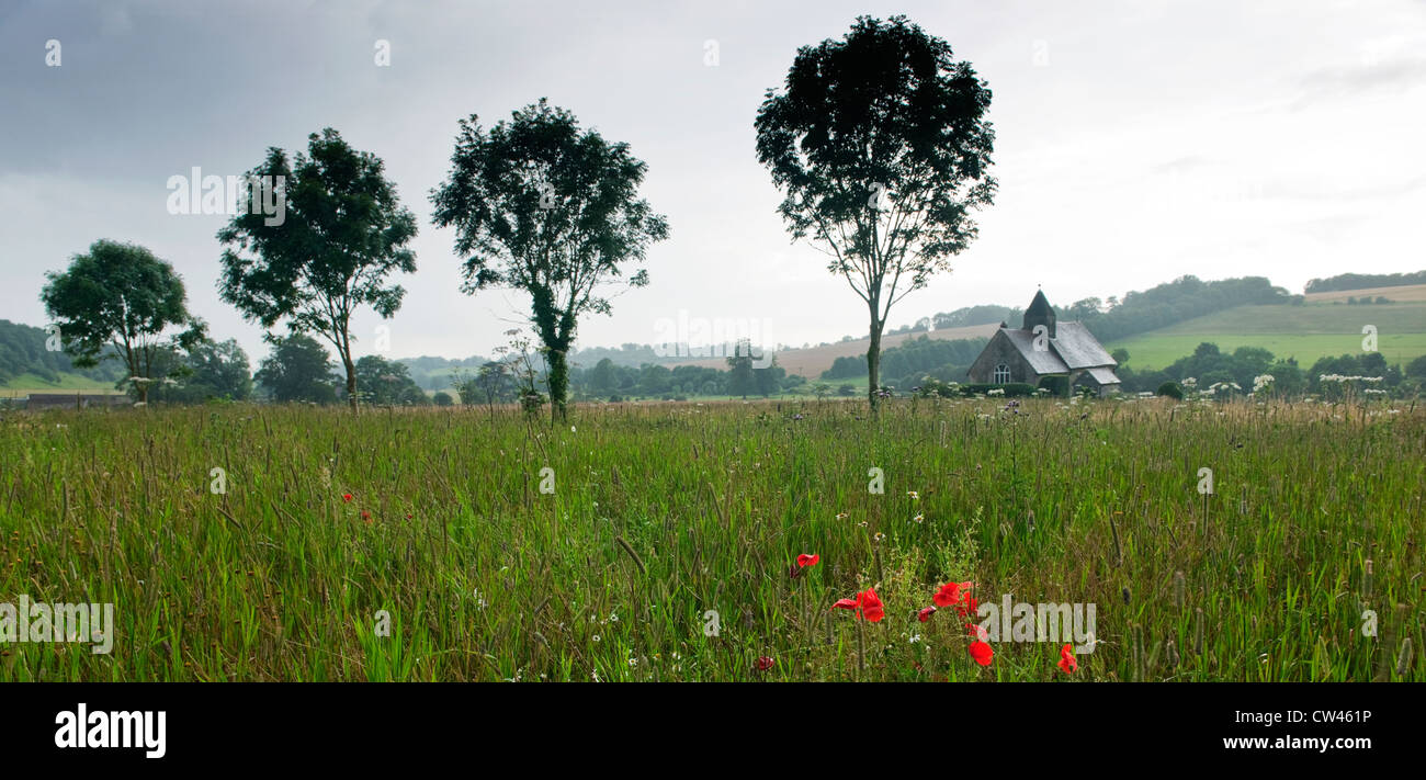 Church of St Hubert at Idsworth, Hampshire surrounded by fields with ...