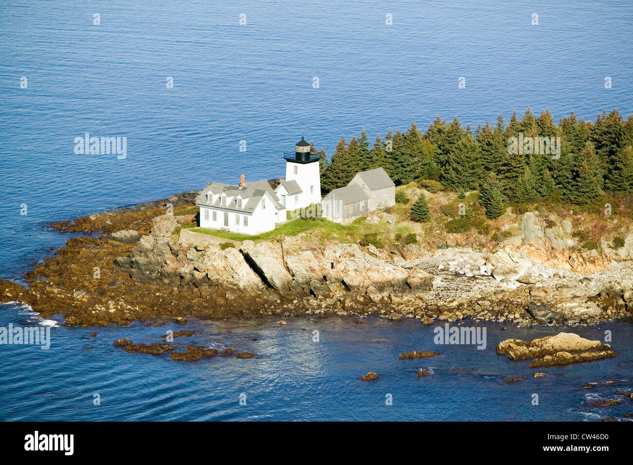 Aerial view of Indian Island Lighthouse in Rockport, Maine Stock Photo ...