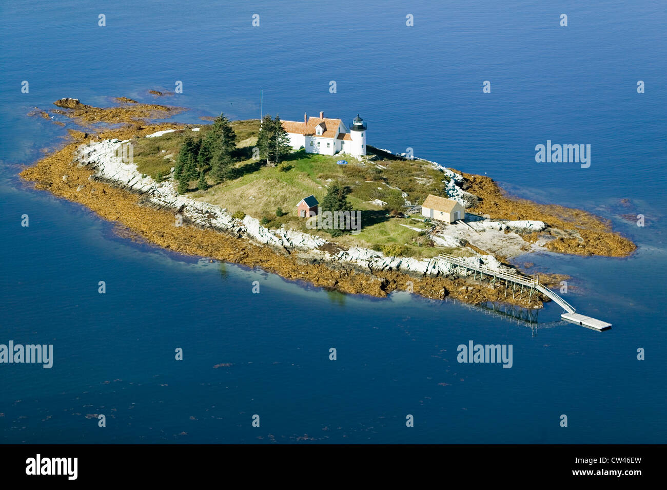 Aerial view of lighthouse on island near Acadia National Park, Maine ...