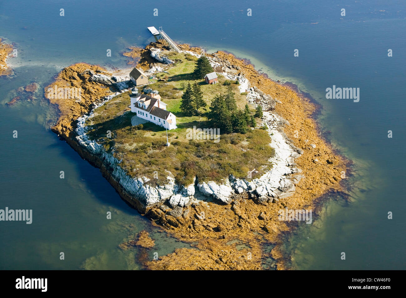 Aerial view of lighthouse on island near Acadia National Park, Maine ...