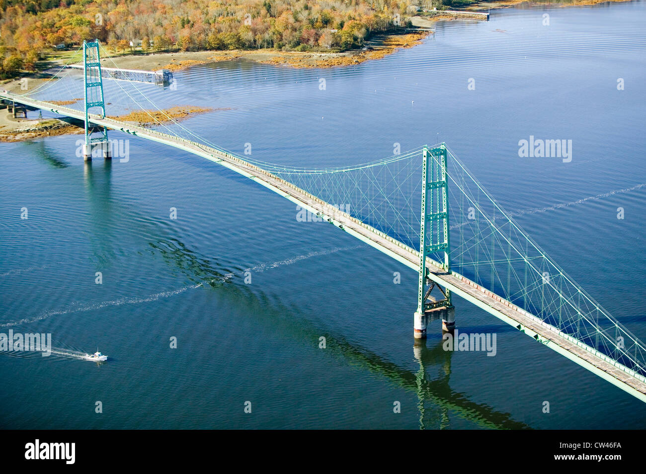 Aerial view of suspension bridge near Acadia National Park, Maine Stock ...