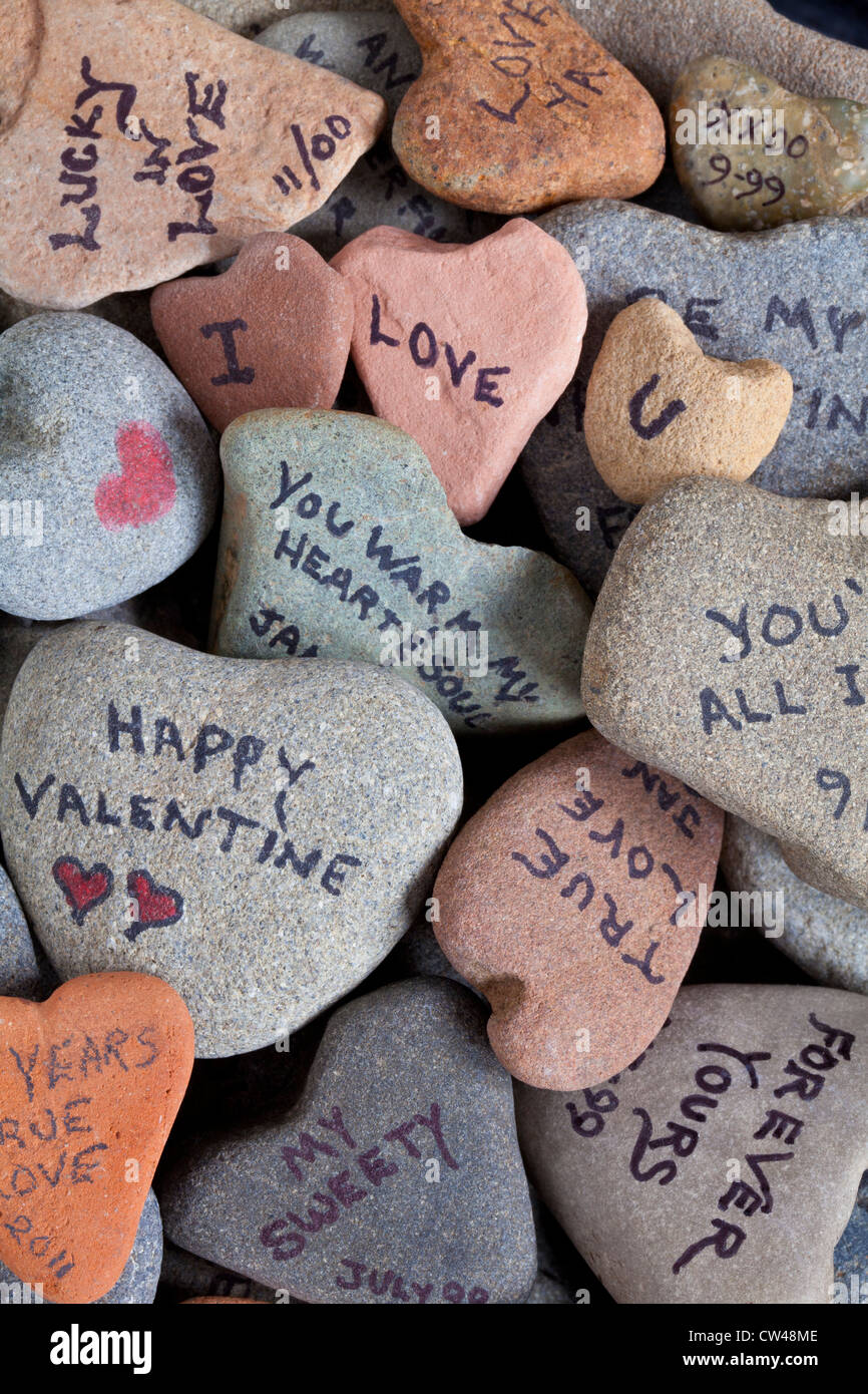 Heart shaped rock collection with love messages Stock Photo - Alamy