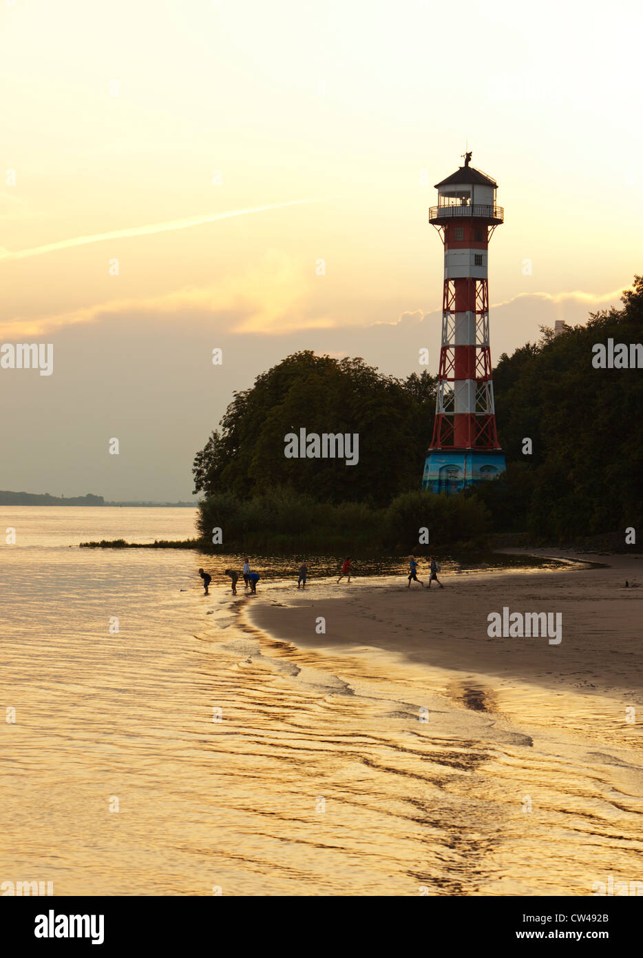 Lighthouse of Wittenbergen on the Elbe river in sunset, westernmost ...