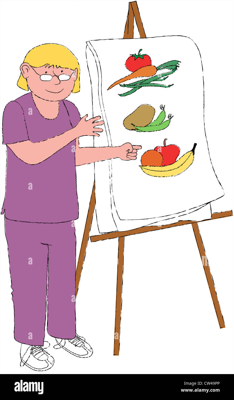 Woman in protective uniform showing healthy food for diabetes ...