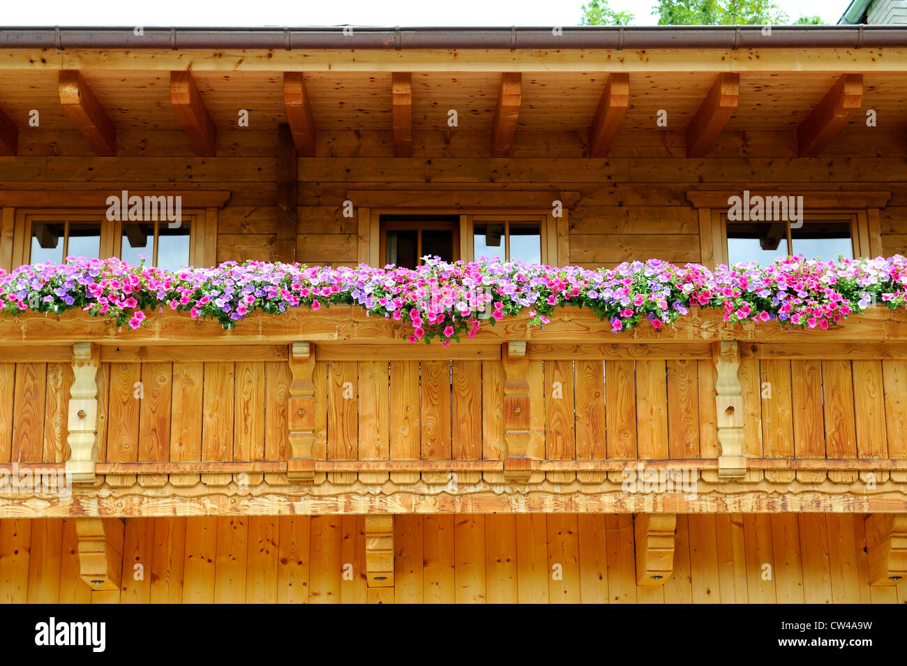 Traditional Austrian flower boxes with red, white flowers mounted onto ...