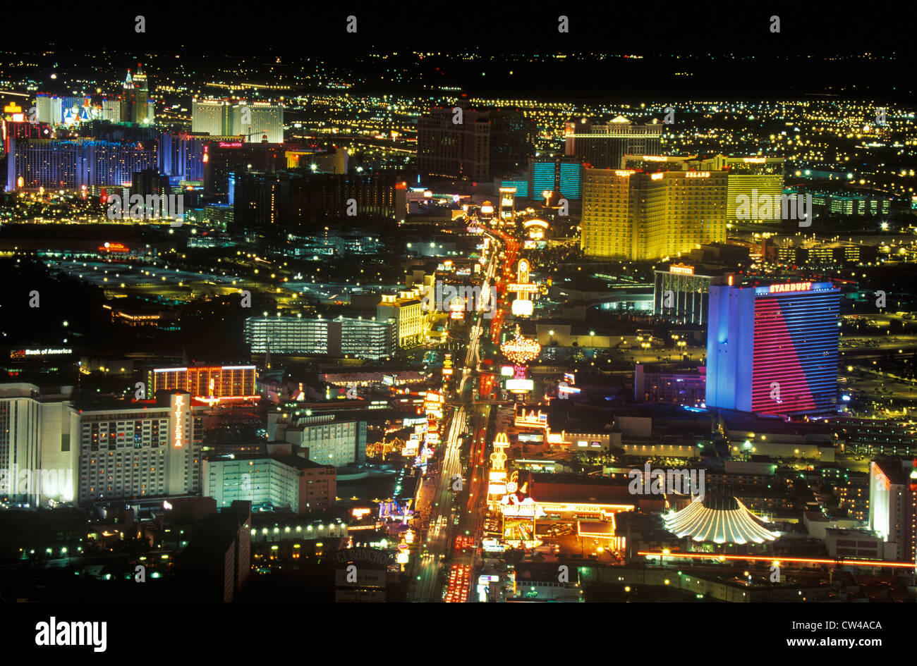 View of the strip at night from the Stratosphere Tower, NV Stock Photo ...
