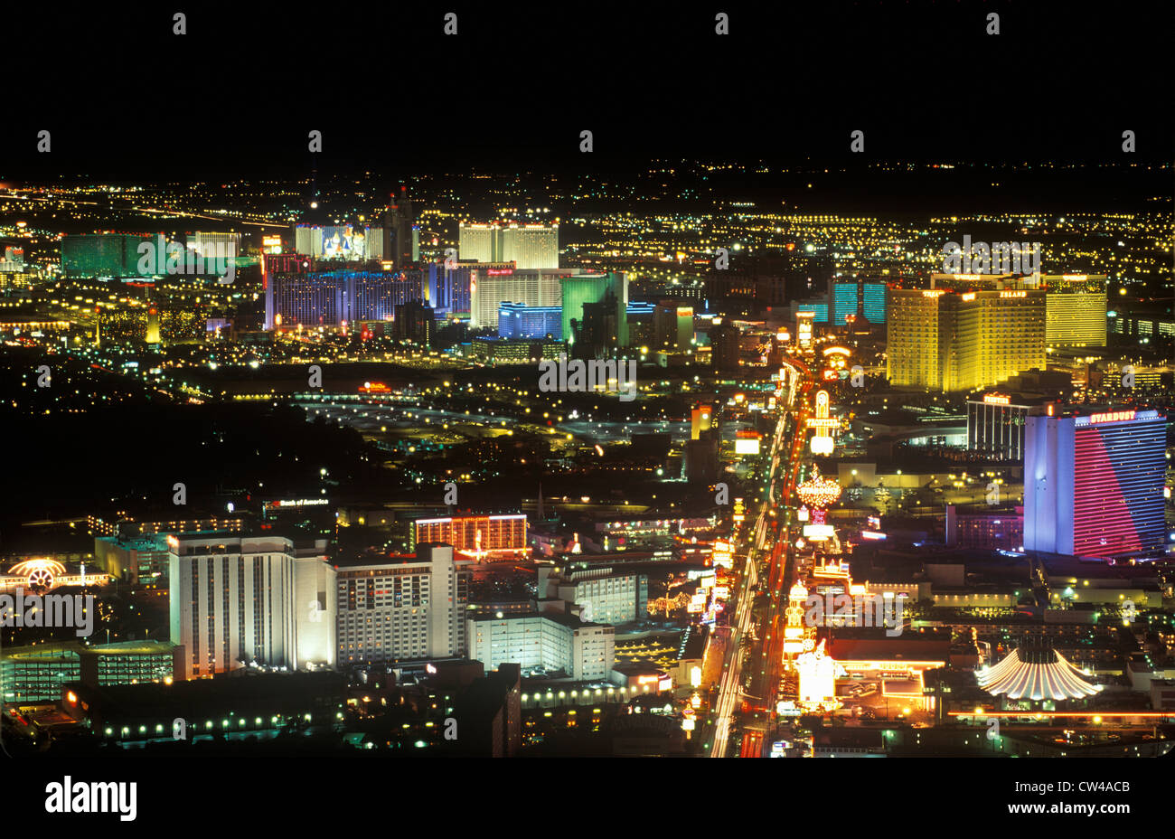 View of the strip at night from the Stratosphere Tower, NV Stock Photo ...