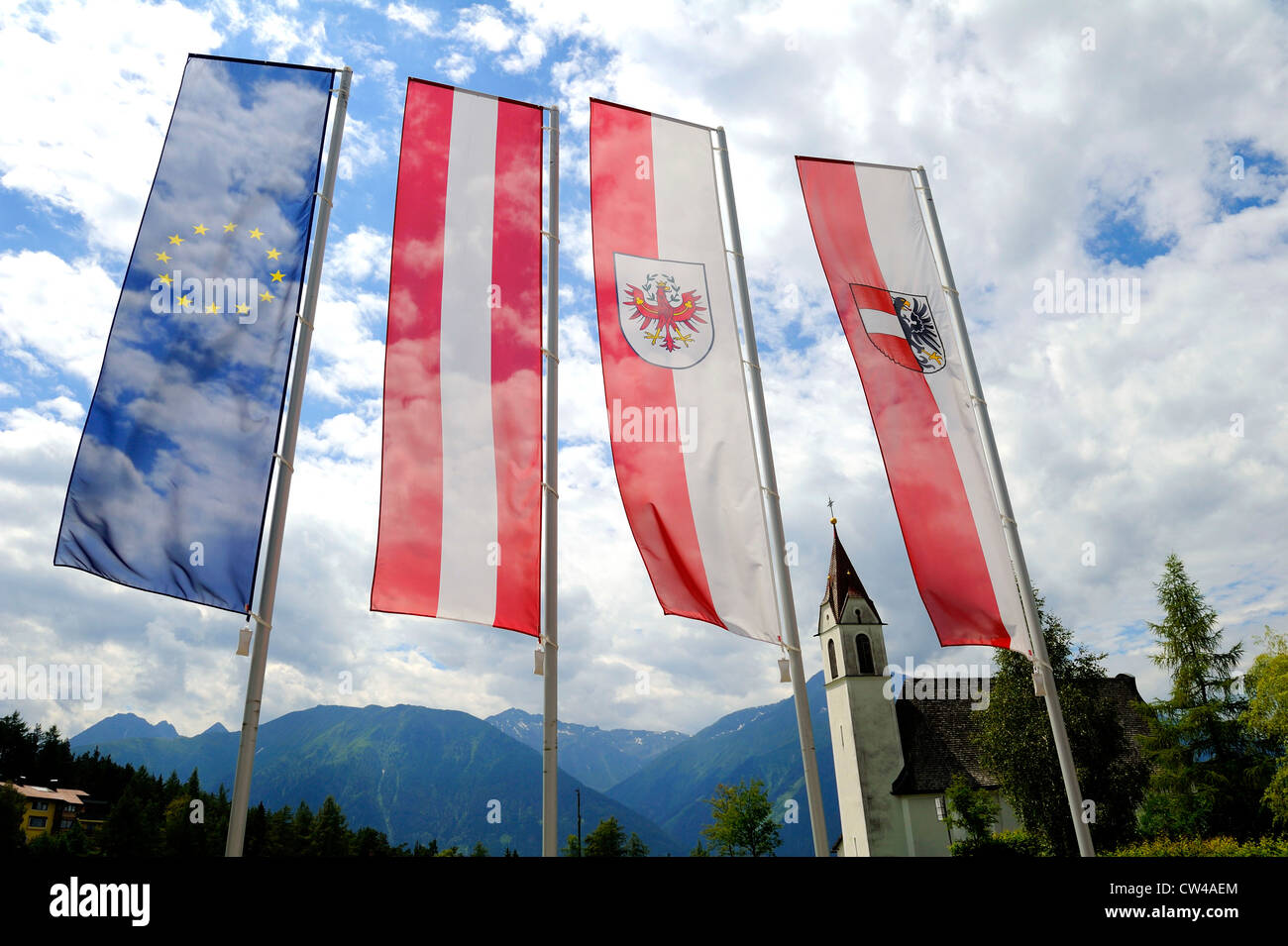 European, Austrian, regional and local flags of Austria in full display ...