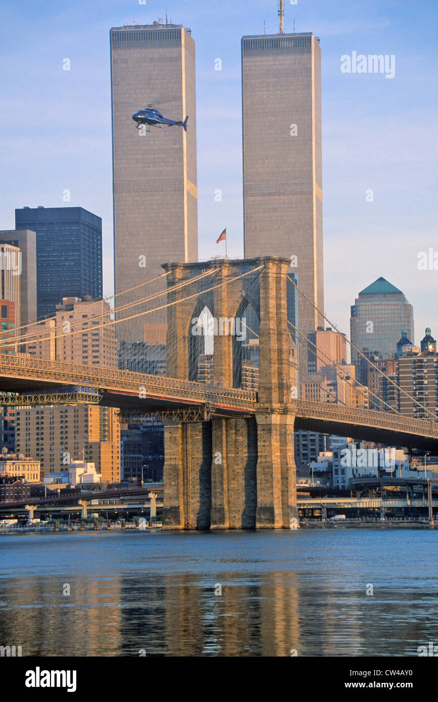 View of the World Trade Towers, Brooklyn Bridge with TV helicopter, New ...