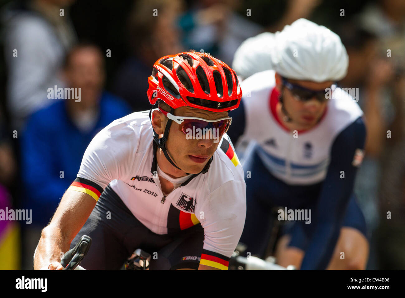 Tony Martin of Germany heads Ian Stannard of Team GB in the men's ...