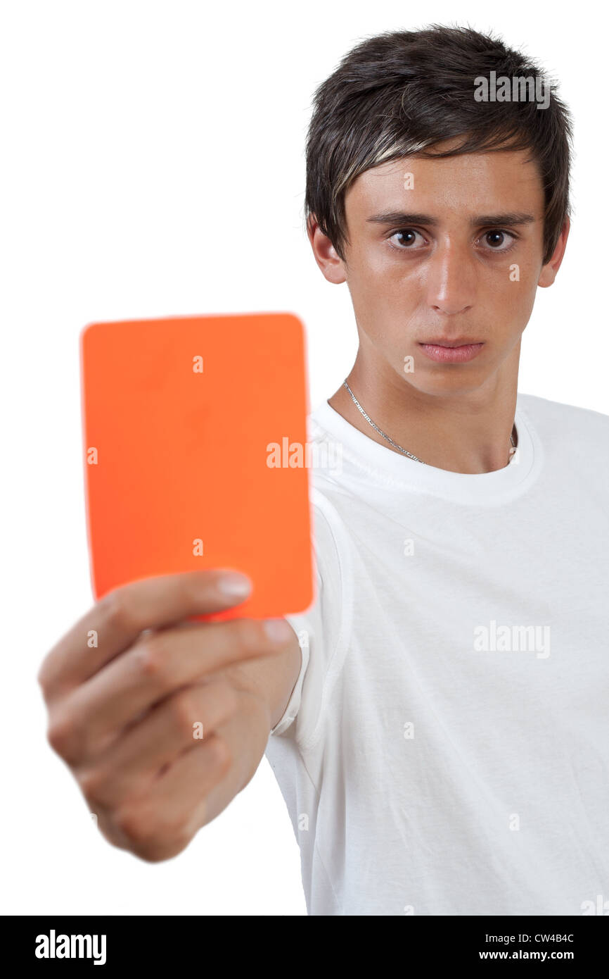 young swarthy man with brown eyes showing red card Stock Photo - Alamy
