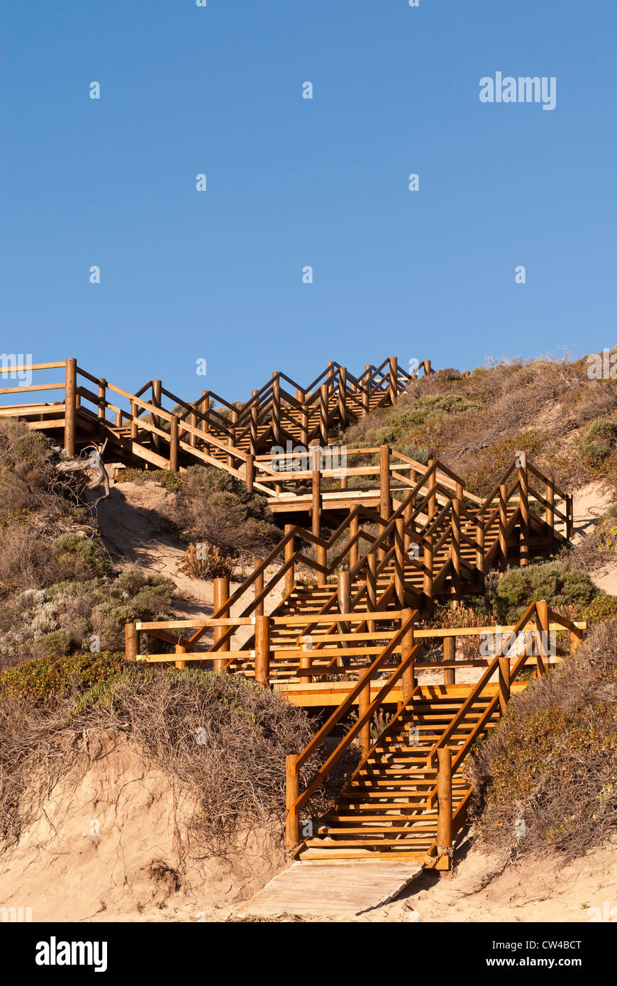 Timber steps on the sand dunes at Moses Rock Beach, Western Australia ...