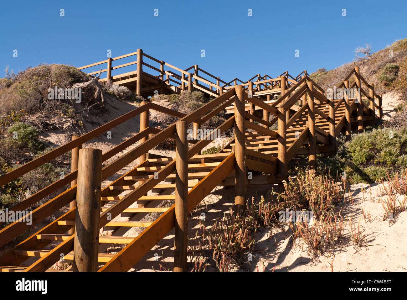 Timber steps on the sand dunes at Moses Rock Beach, Western Australia ...