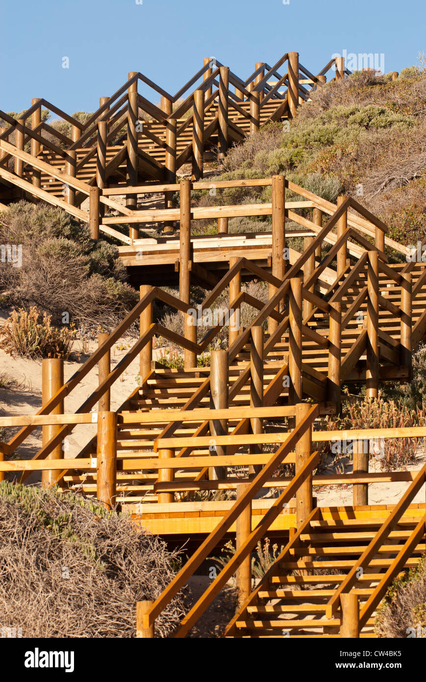 Timber steps on the sand dunes at Moses Rock Beach, Western Australia ...