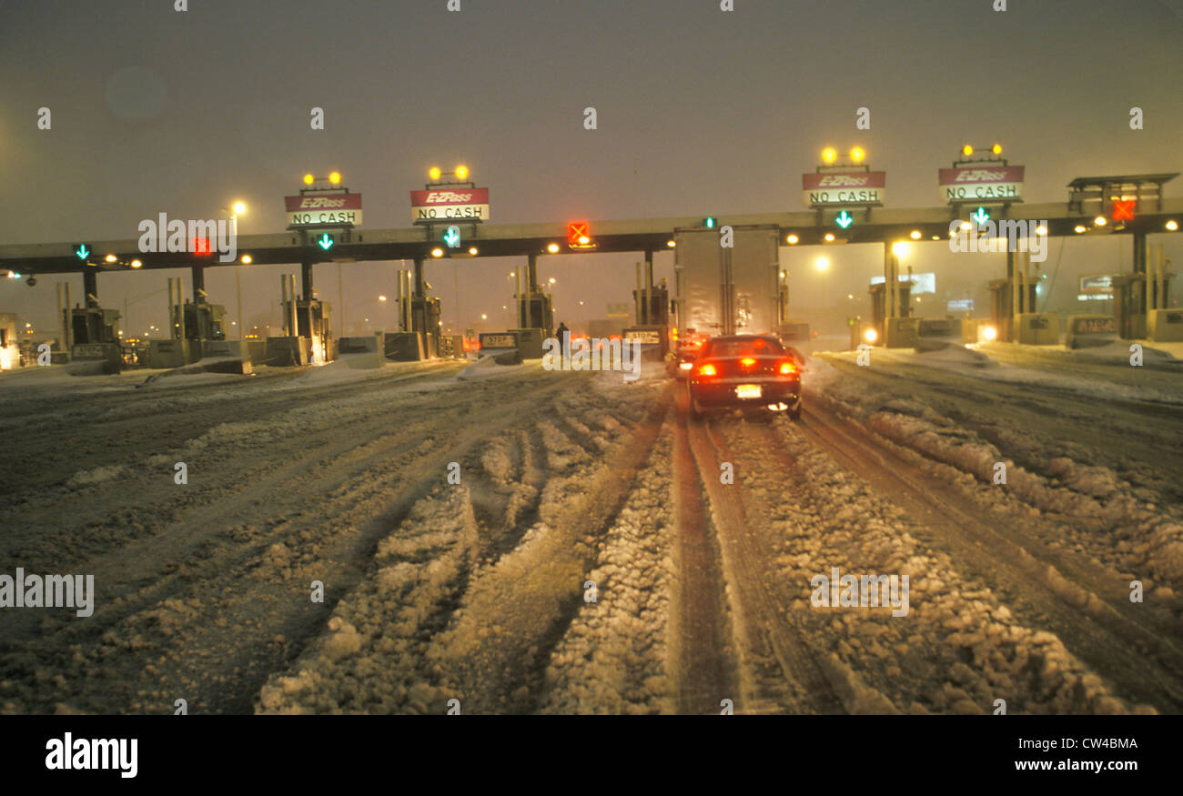 Toll gate in New Jersey after winter snowstorm and much snow at night ...