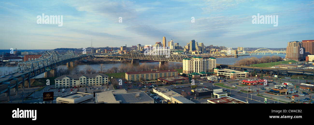 Panoramic afternoon shot of Cincinnati skyline, Ohio and Ohio River as ...