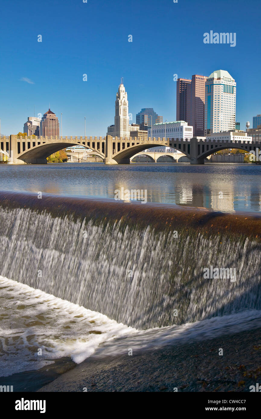 Scioto River with waterfall and Columbus Ohio skyline, with setting ...