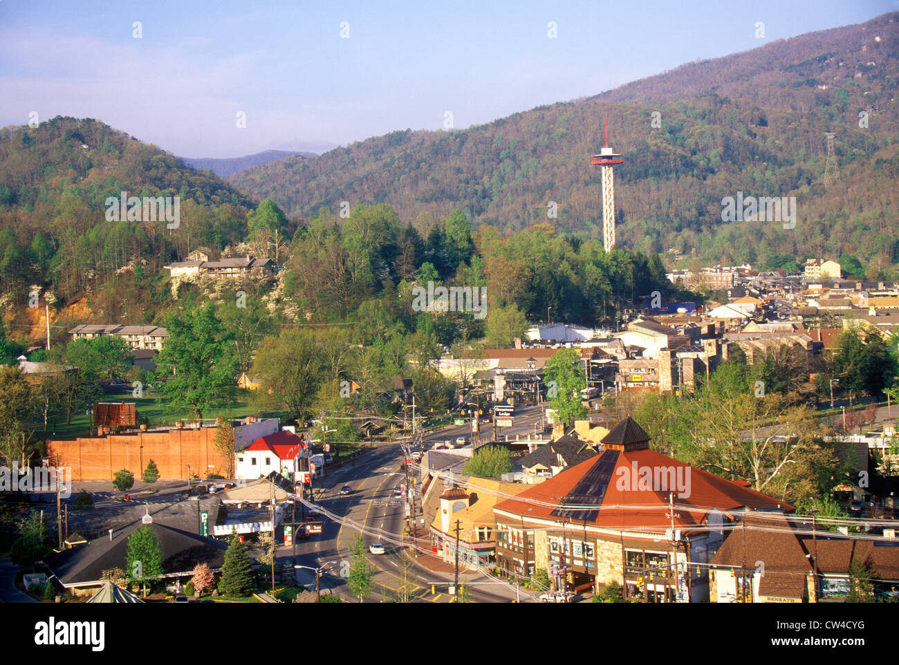 View of downtown Gatlinburg, TN in the Smokey Mountain National Park in ...