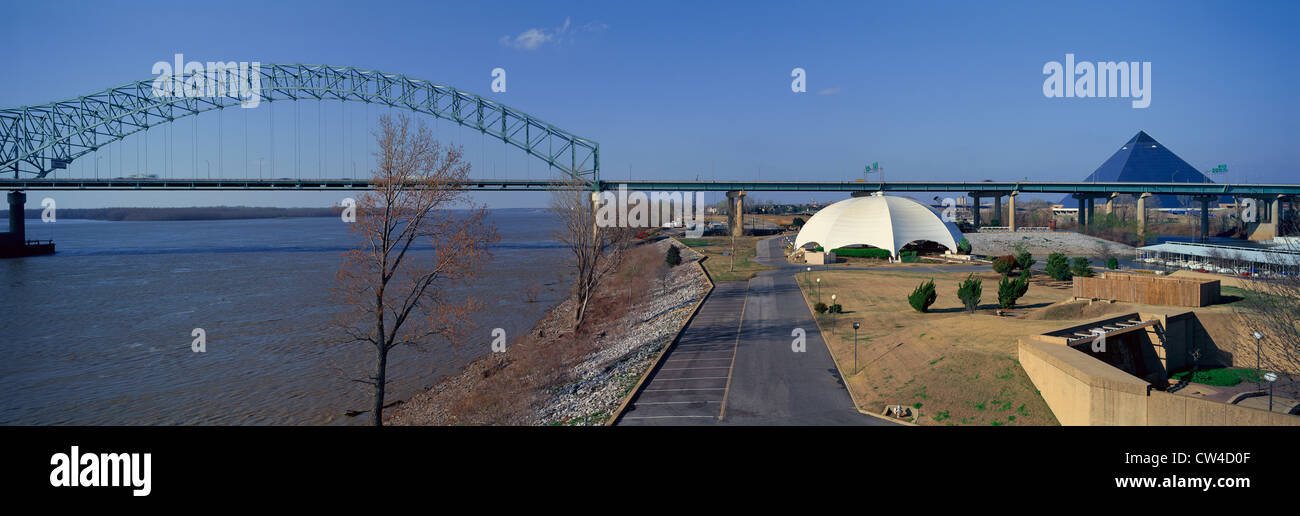 Panoramic view of Mississippi River with Bridge and The Pyramid Sports ...