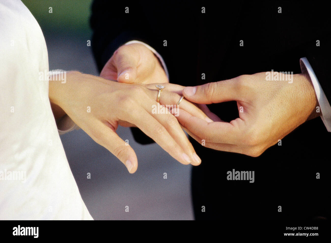 Close-up of a groom placing a ring on his bride's finger Stock Photo ...