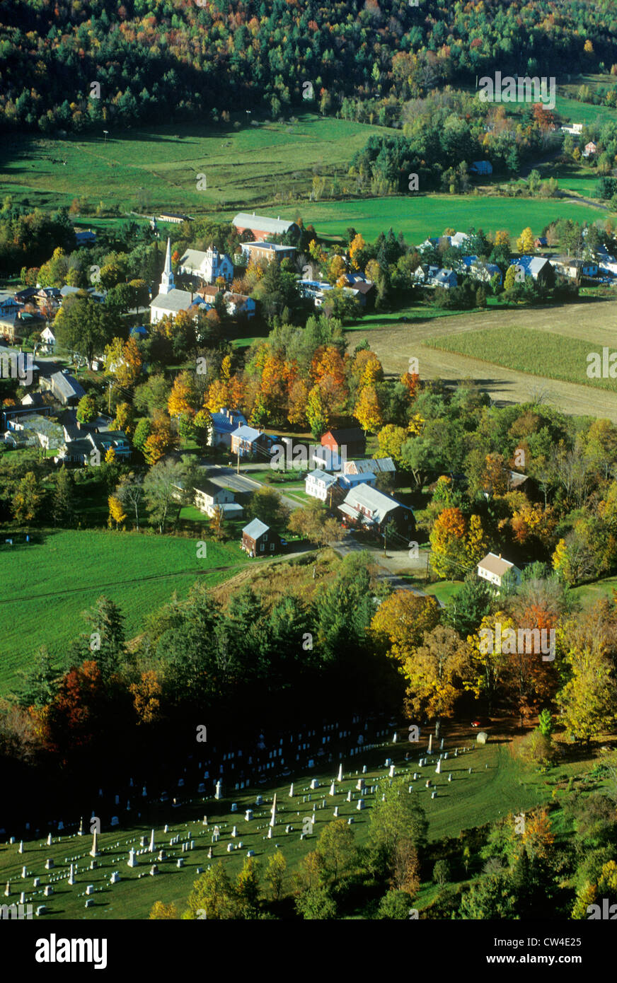Aerial view of Waitsfield VT and the Mad River on Scenic Route 100 in ...