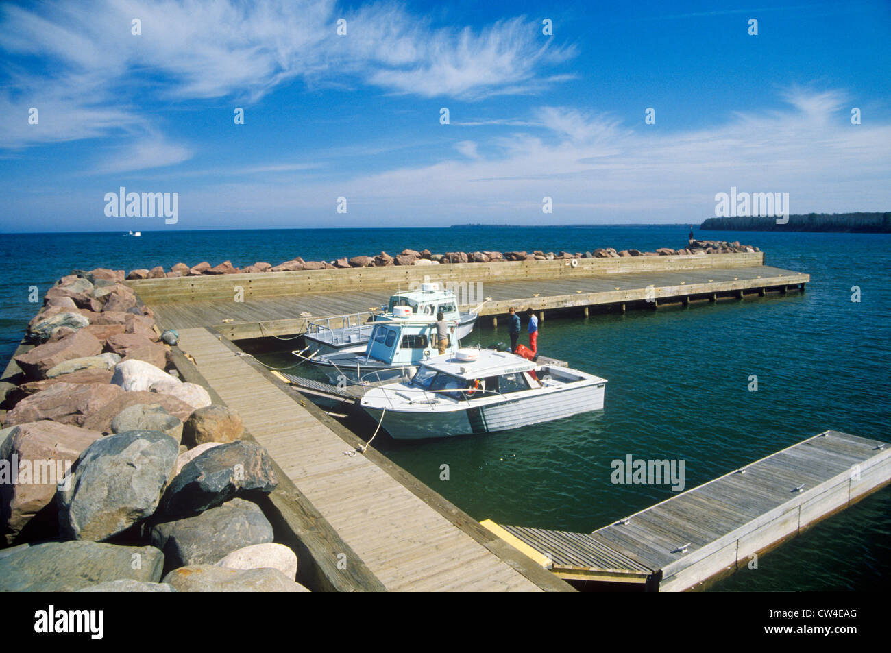 Boat in water on Lake Superior, Apostle Islands, Red Cliff, WI Stock ...